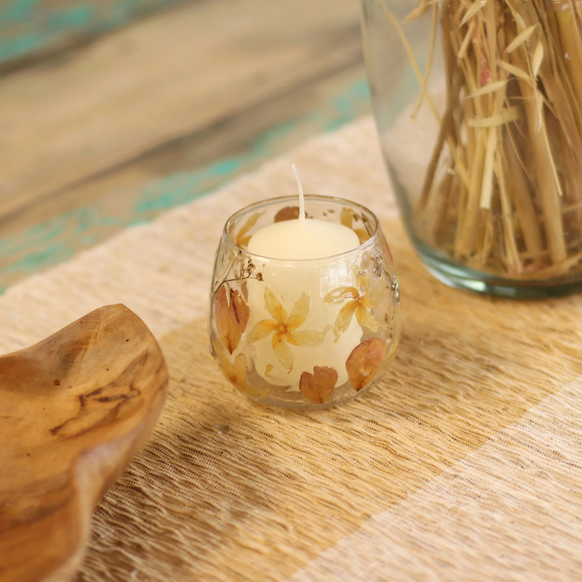 Natural Floral Glass - Straight Candle Holder - Rosa - (8x8cm) – Wood ...