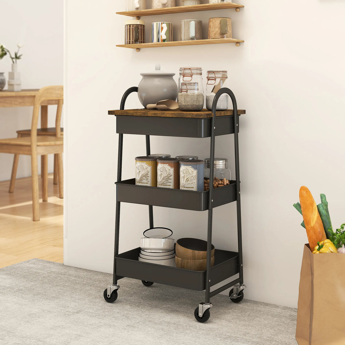 HOMCOM 3-Tier Kitchen Storage Trolley with on Wheels Cover Top Board ...