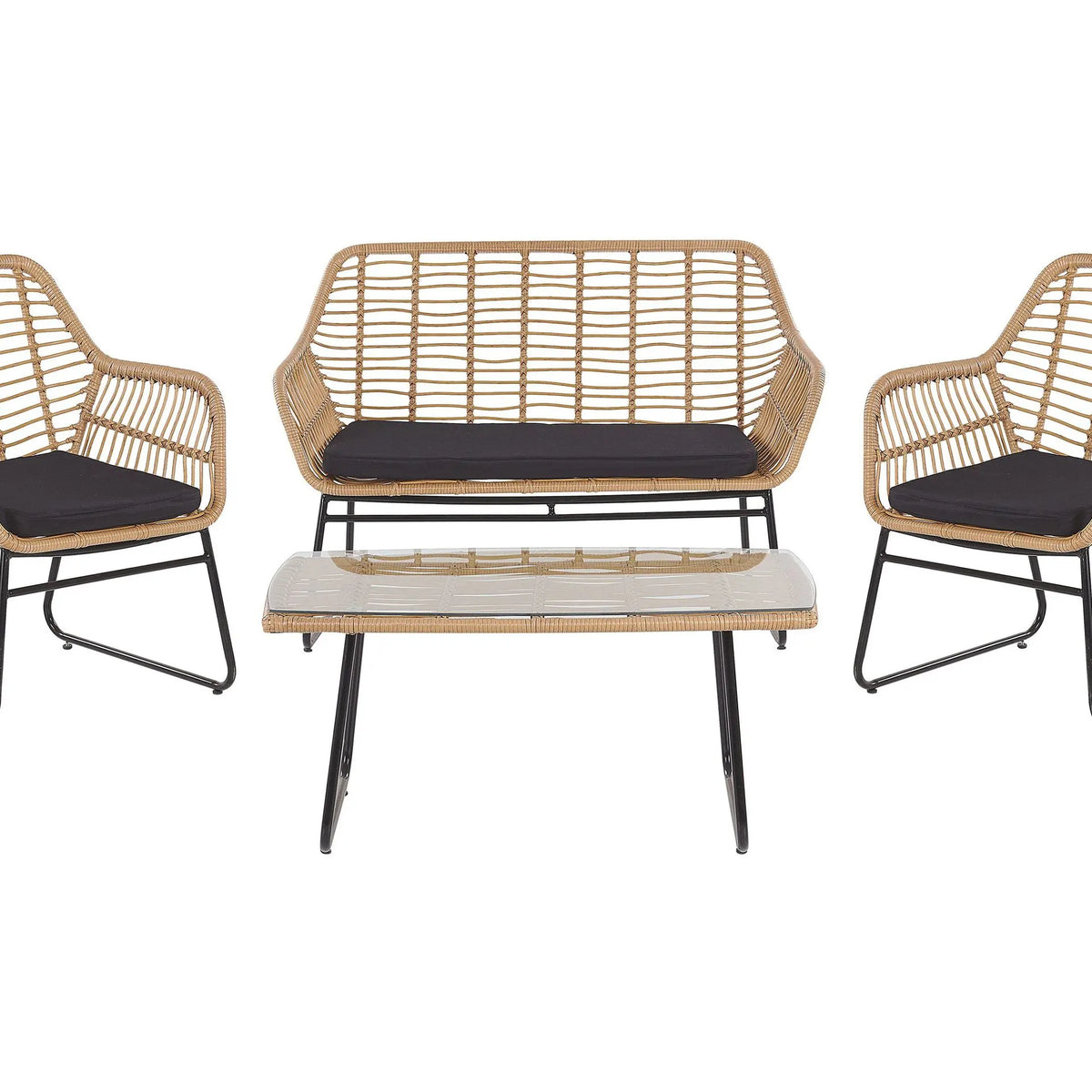 Garden Conversation Sofa Set Black Faux Rattan with Seat Pads and Coff ...
