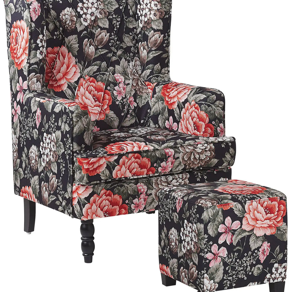 Armchair with Footstool Black Floral Pattern Fabric Wooden Legs Wingba ...